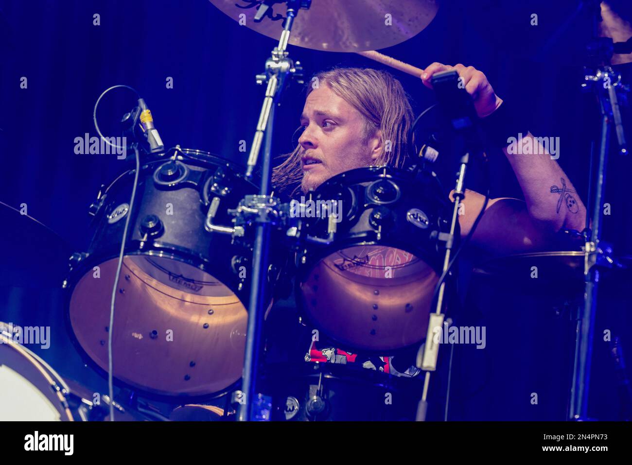 Rufus Taylor close of shot playing drums with The Darkness on stage OVO ...