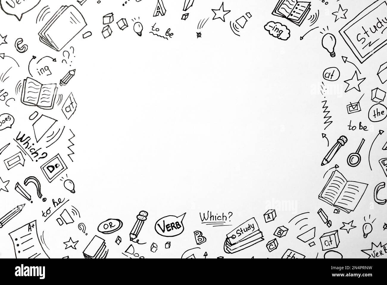 Frame of drawings on white background, top view with space for text ...