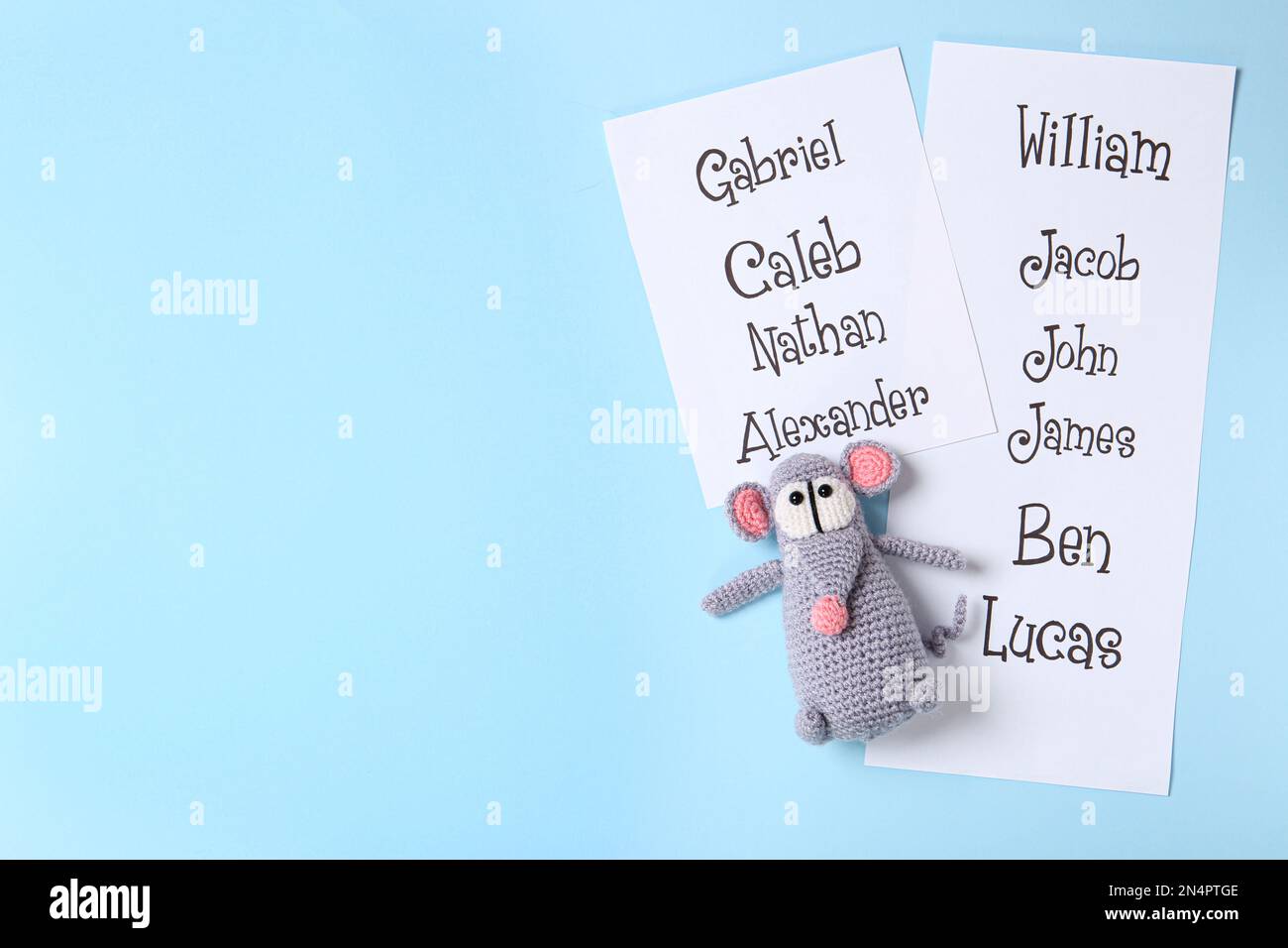 Lists of different baby names and toy on light blue background, flat ...