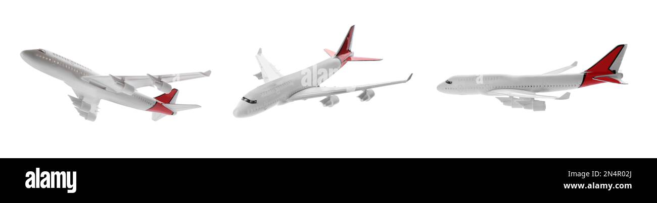 Collage with toy airplane isolated on white, view from different sides ...