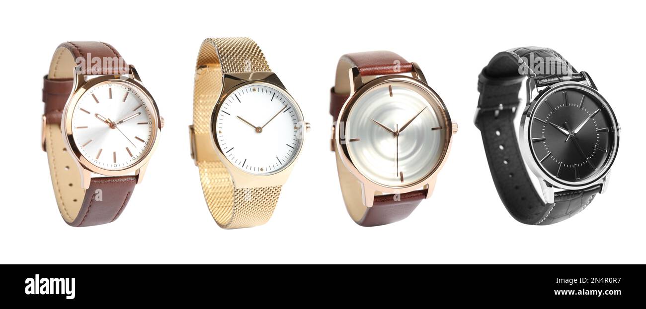 Collage of stylish watches on white background. Banner design Stock ...