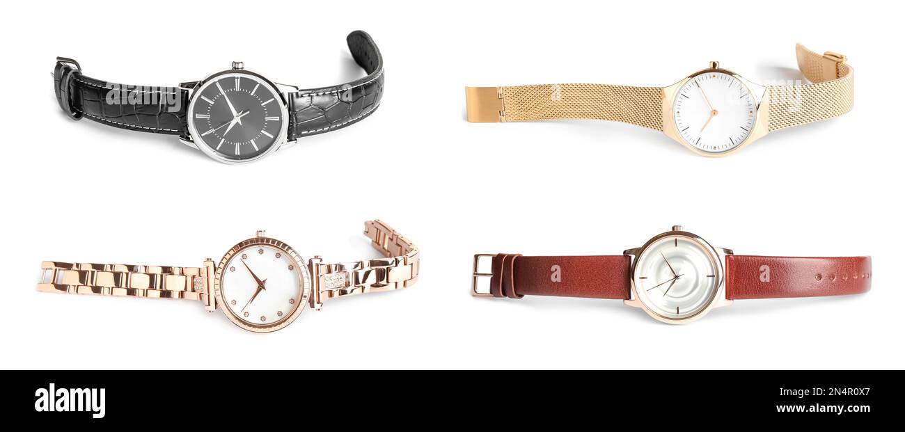 Collage of stylish watches on white background. Banner design Stock ...