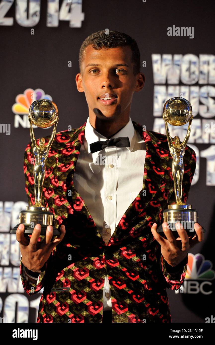 Belgian singer-songwriter Stromae poses after he received the 2 awards ...