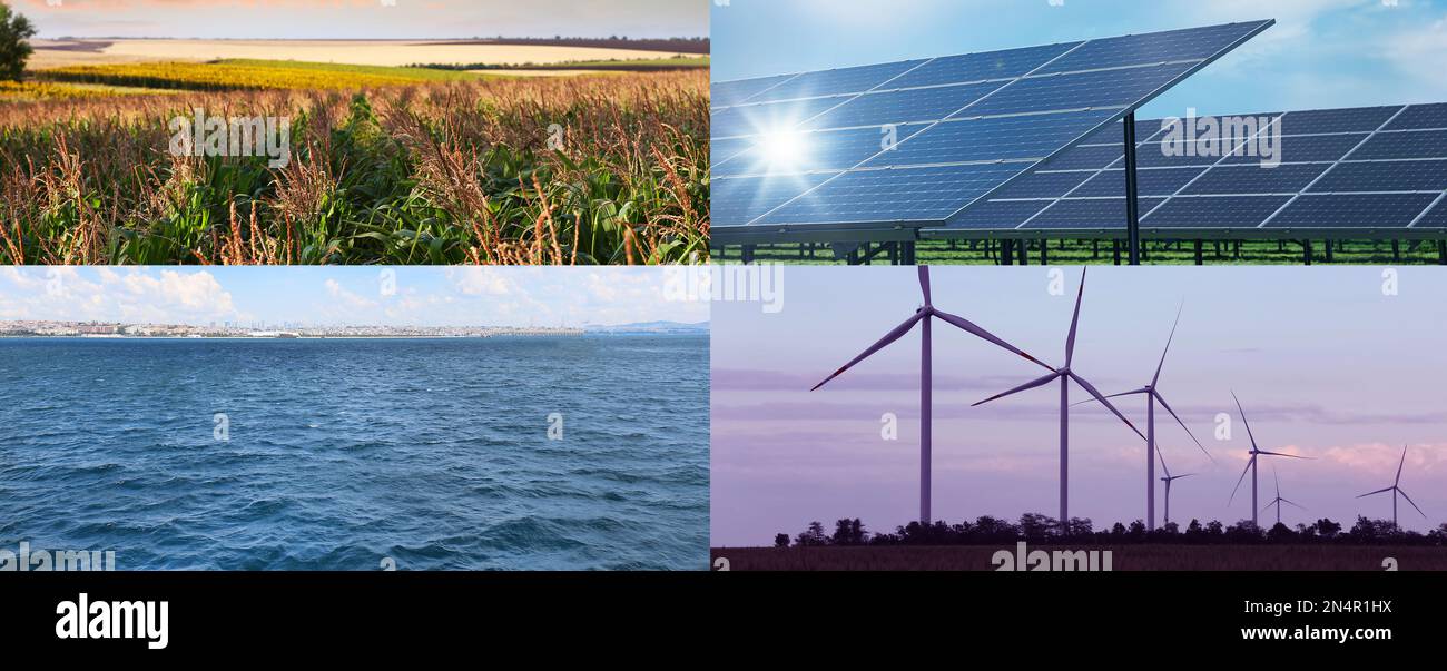 Collage with photos of water, field, solar panels and wind turbines ...