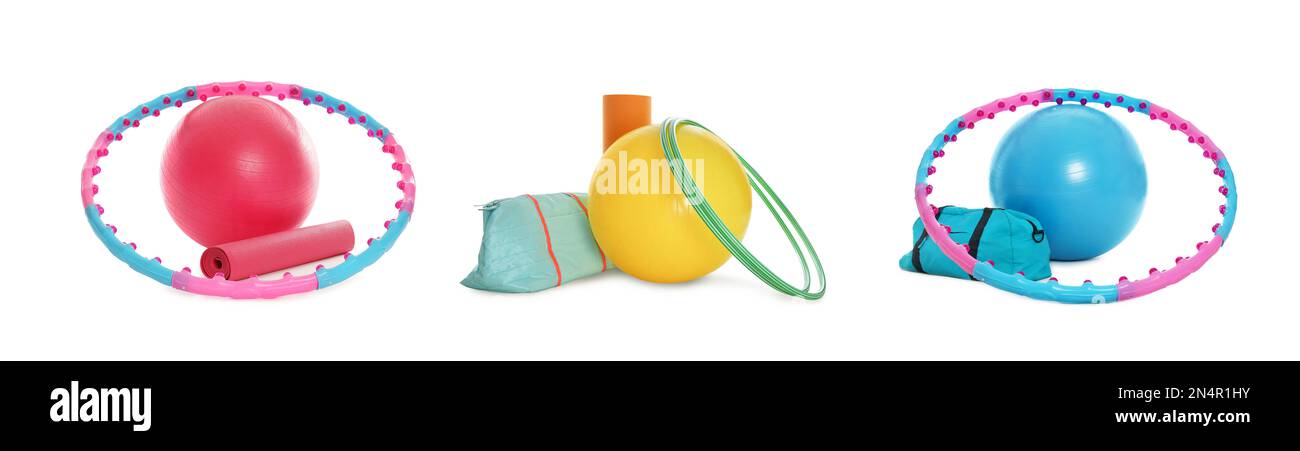 Set of hula hoops and other sports equipment isolated on white. Banner ...