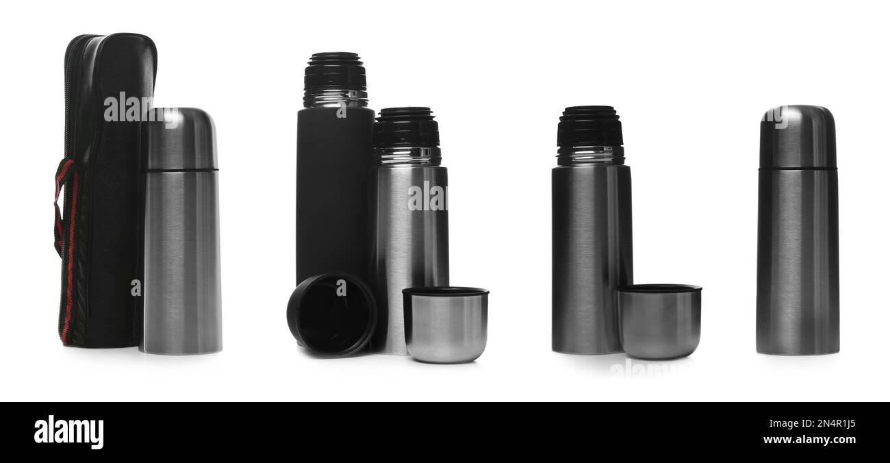 Set of modern thermoses isolated on white. Banner design Stock Photo ...