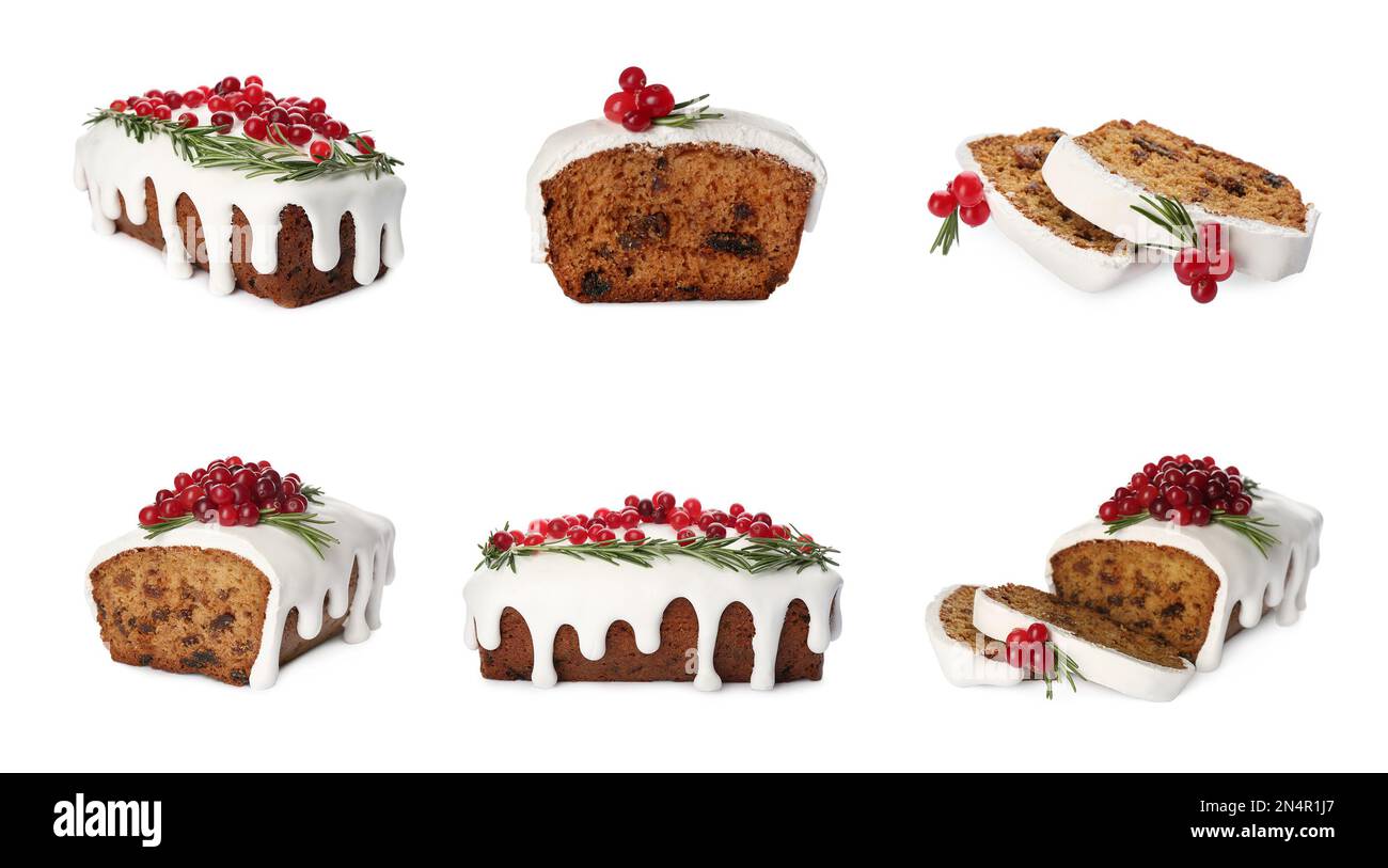 Set with decorated traditional Christmas cakes on white background ...