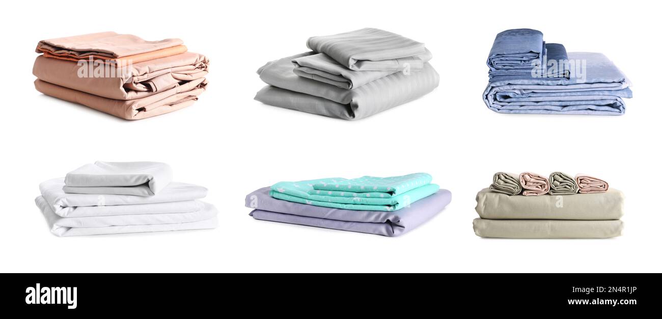 Set with stacks of clean bed linen on white background. Banner design ...