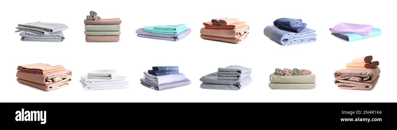 Set with stacks of clean bed linen on white background. Banner design ...