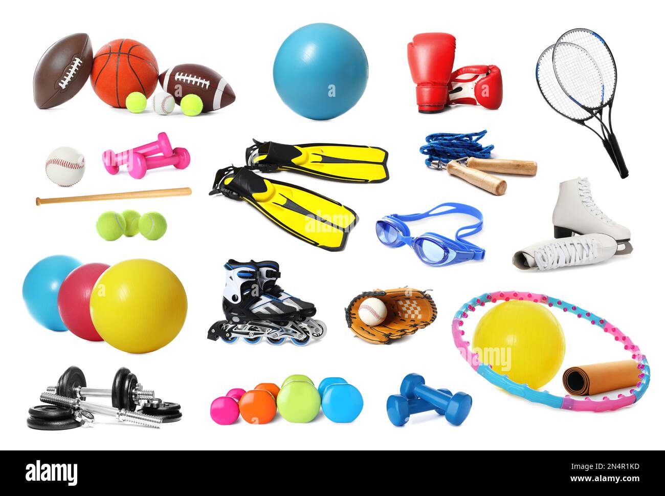 Set of different sport equipment on white background Stock Photo - Alamy