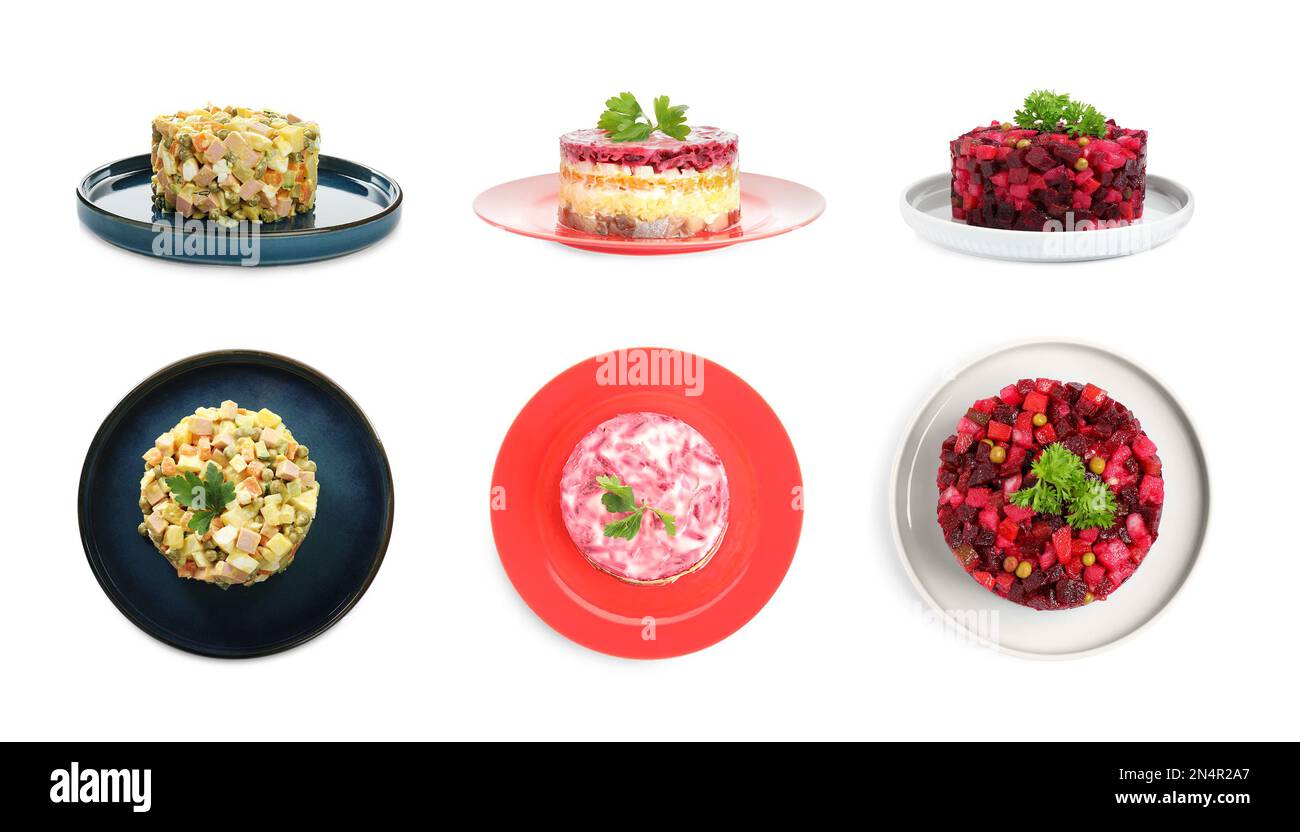 Set of traditional russian salads on white background Stock Photo - Alamy