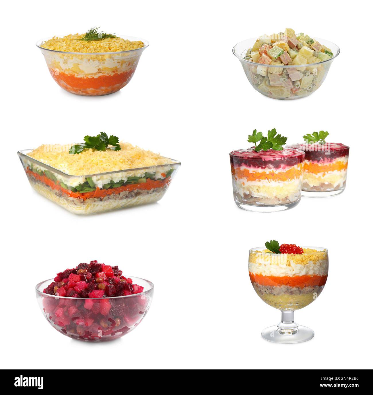 Set of traditional russian salads on white background Stock Photo - Alamy