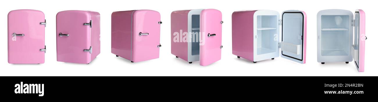 Set with mini refrigerators for cosmetics on white background, banner ...