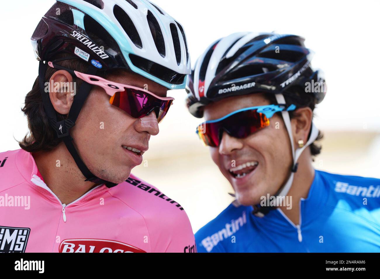 Colombia's Rigoberto Uran, left, shares a word with compatriot Julian ...