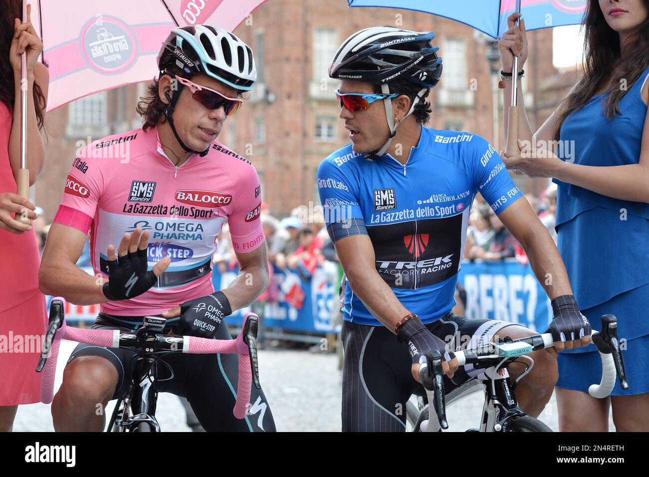 Colombia's Rigoberto Uran, left, speaks with compatriot Julian David ...