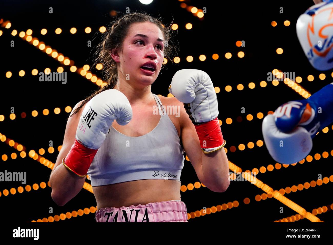 Spain's Tania Alvarez, left, fights Australia's Skye Nicolson during the fifth round of a women ...