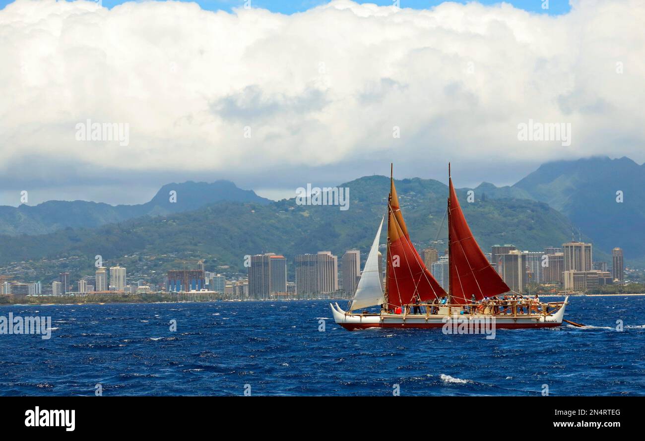 The Hokulea sailing canoe is seen off Honolulu on Tuesday, April 29 ...
