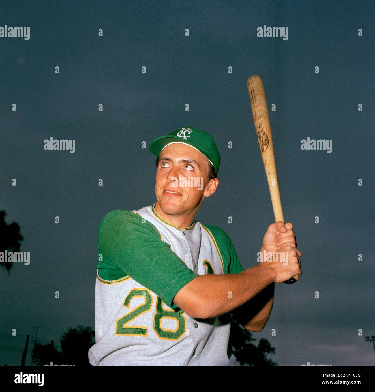 Kansas City Athletics outfielder Rick Monday is pictured wielding a bat ...