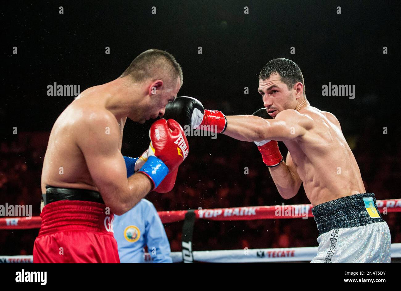 Selcuk Aydin, left, of Turkey and Viktor Postol, of Ukraine, exchange punches in a WBO super ...
