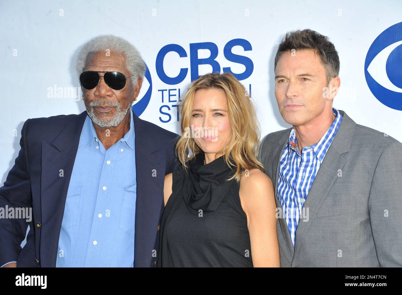 Morgan Freeman, from left, Tea Leoni, and Tim Daly arrive at CBS ...