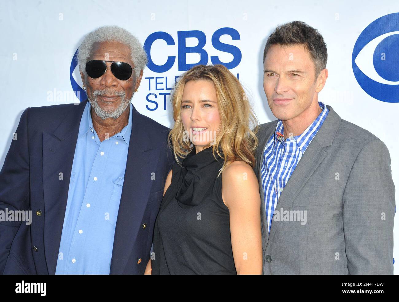Morgan Freeman, from left, Tea Leoni, and Tim Daly arrive at CBS ...