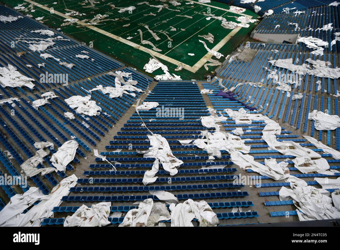 In this May 12, 2014 photo, pieces of the Pontiac Silverdome's roof are ...