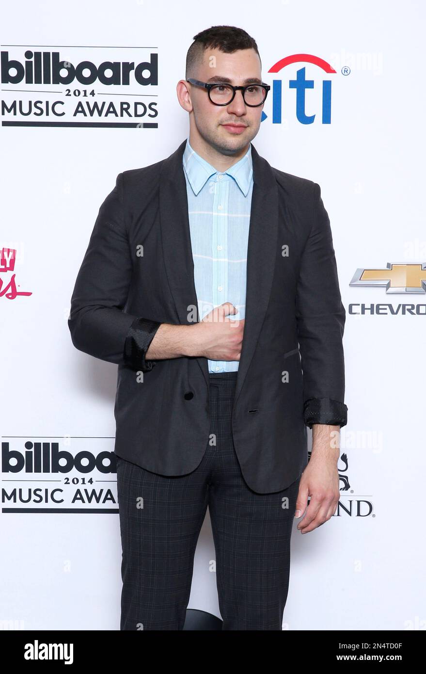 Jack Antonoff poses in the press room at the Billboard Music Awards at ...