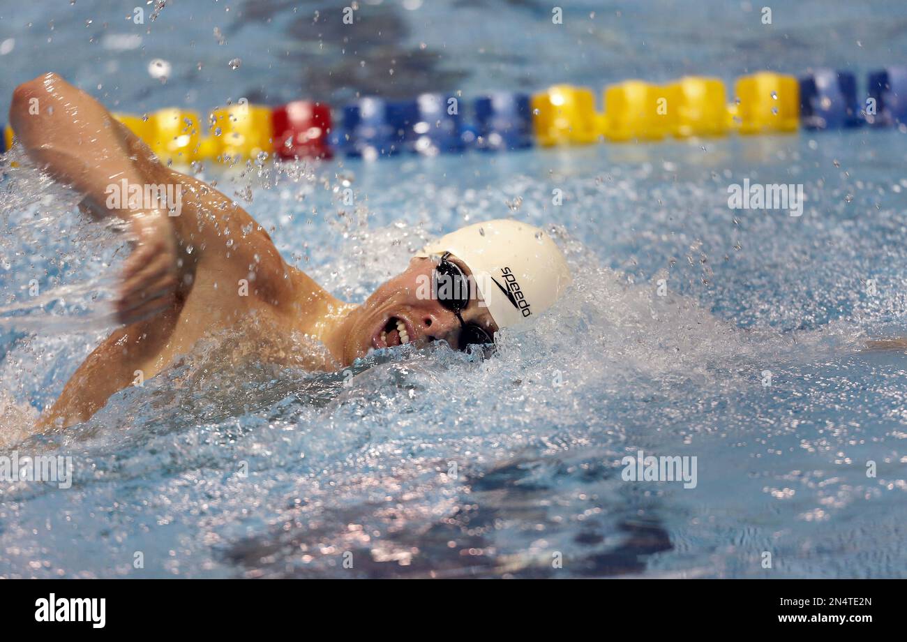 Connor Jaeger swims a leg of the 1500-meter freestyle at the Grand Prix ...