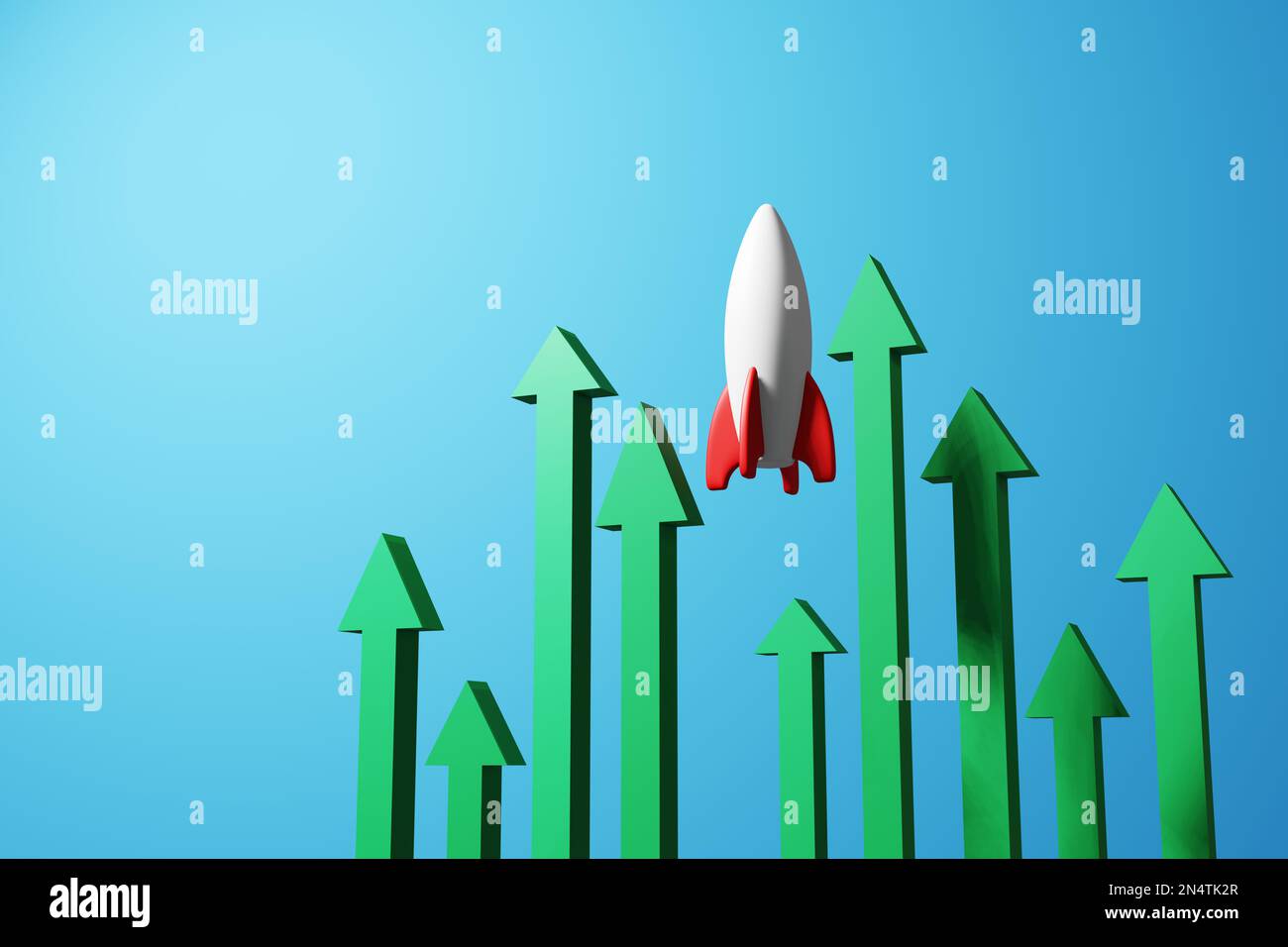 Toy rocket surrounded by green arrows on sky blue background ...