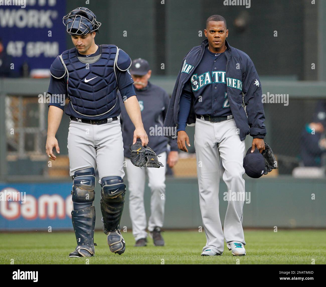 Seattle Mariners catcher Mike Zunino, left, and Seattle Mariners ...