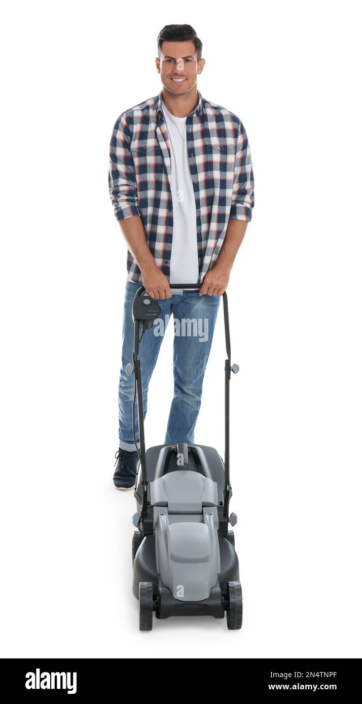 Man with modern lawn mower on white background Stock Photo - Alamy