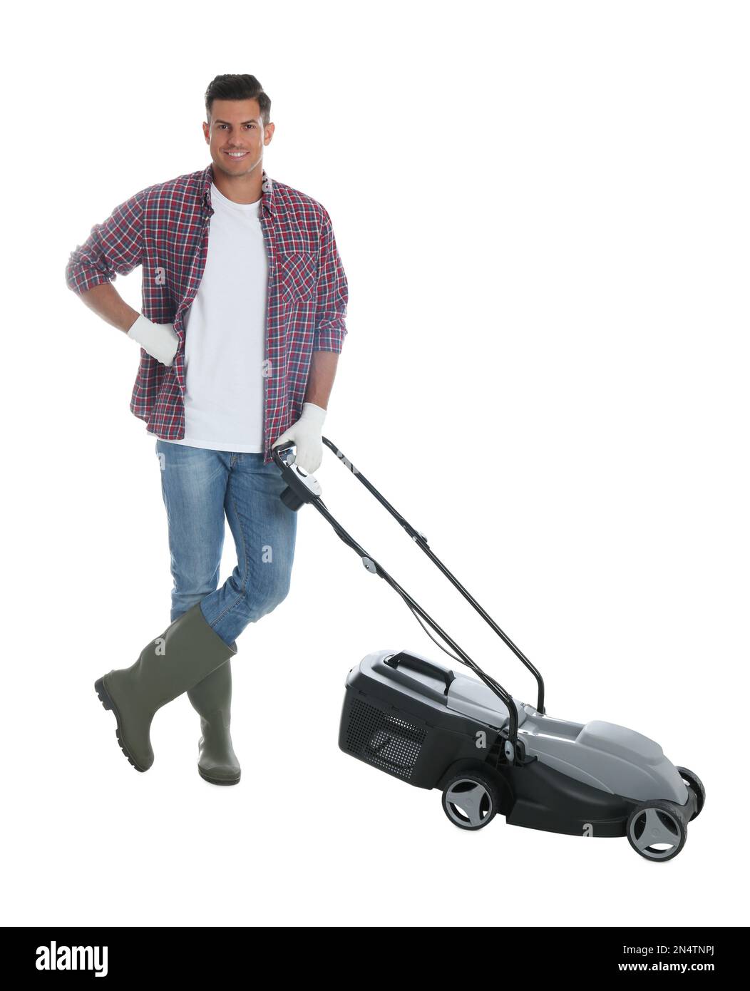Man with modern lawn mower on white background Stock Photo - Alamy