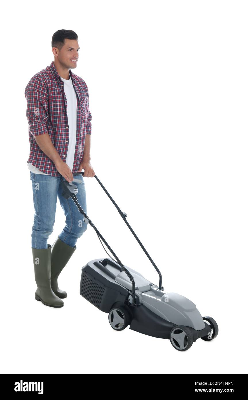 Man with modern lawn mower on white background Stock Photo - Alamy