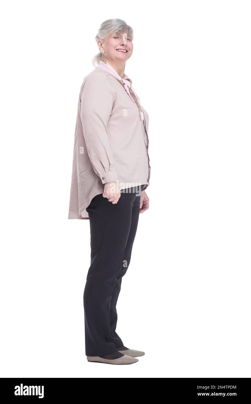 smiling old lady pointing at you. isolated on a white background Stock ...
