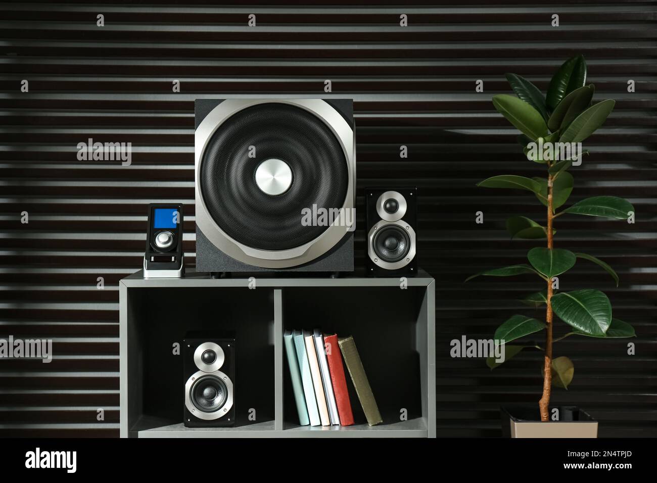 Modern audio speaker system on shelving indoors Stock Photo - Alamy