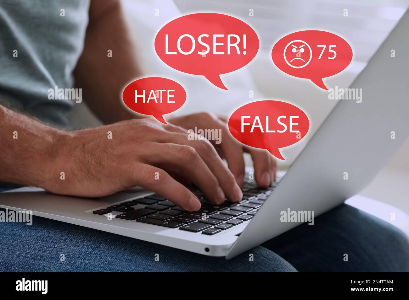 Man using laptop and icons with offensive messages, closeup. Cyber ...