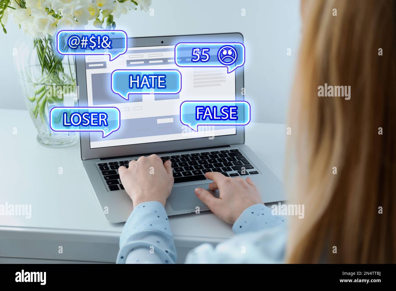 Woman using laptop and icons with offensive messages, closeup. Cyber ...