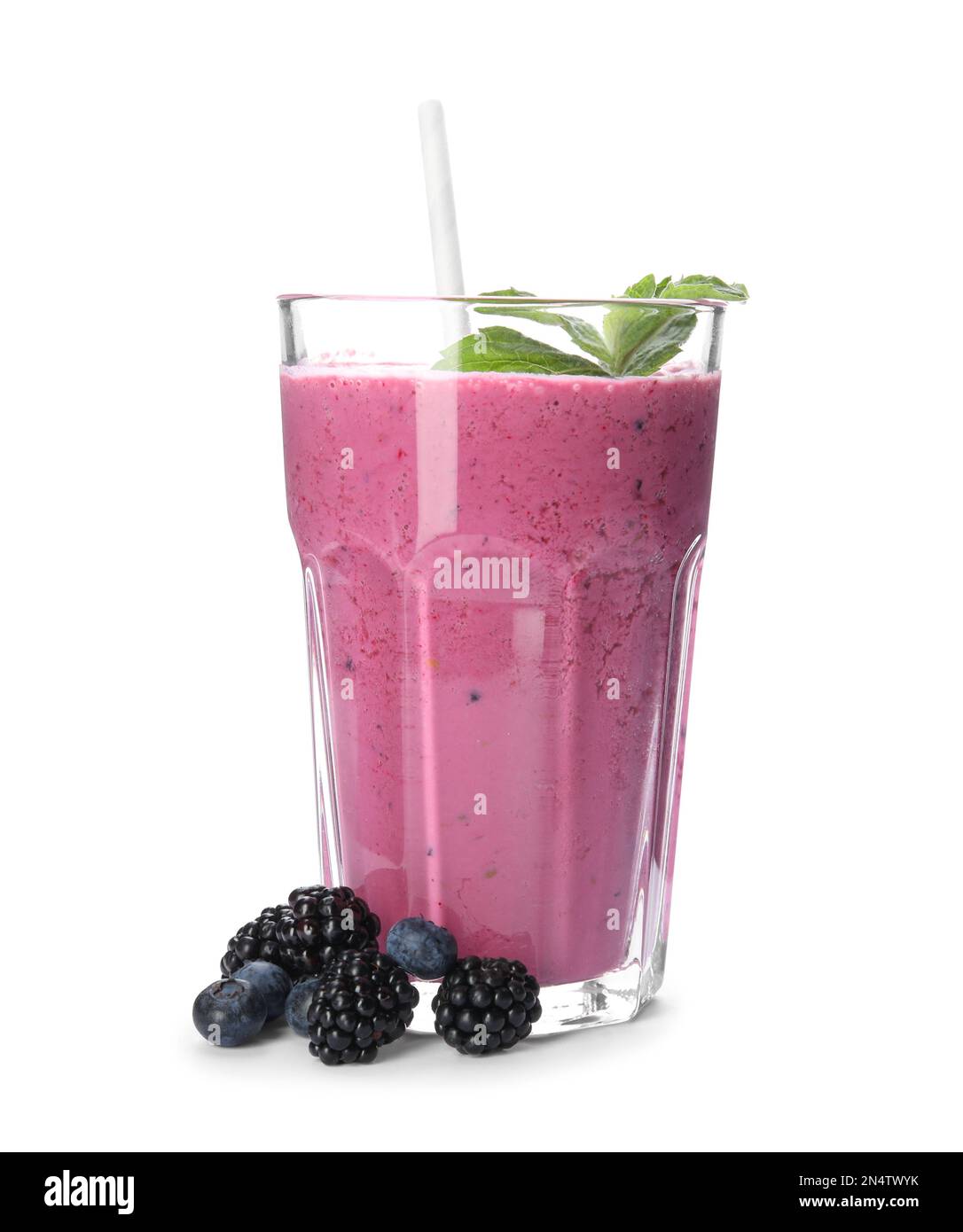 Tasty fresh milk shake with berries on white background Stock Photo - Alamy