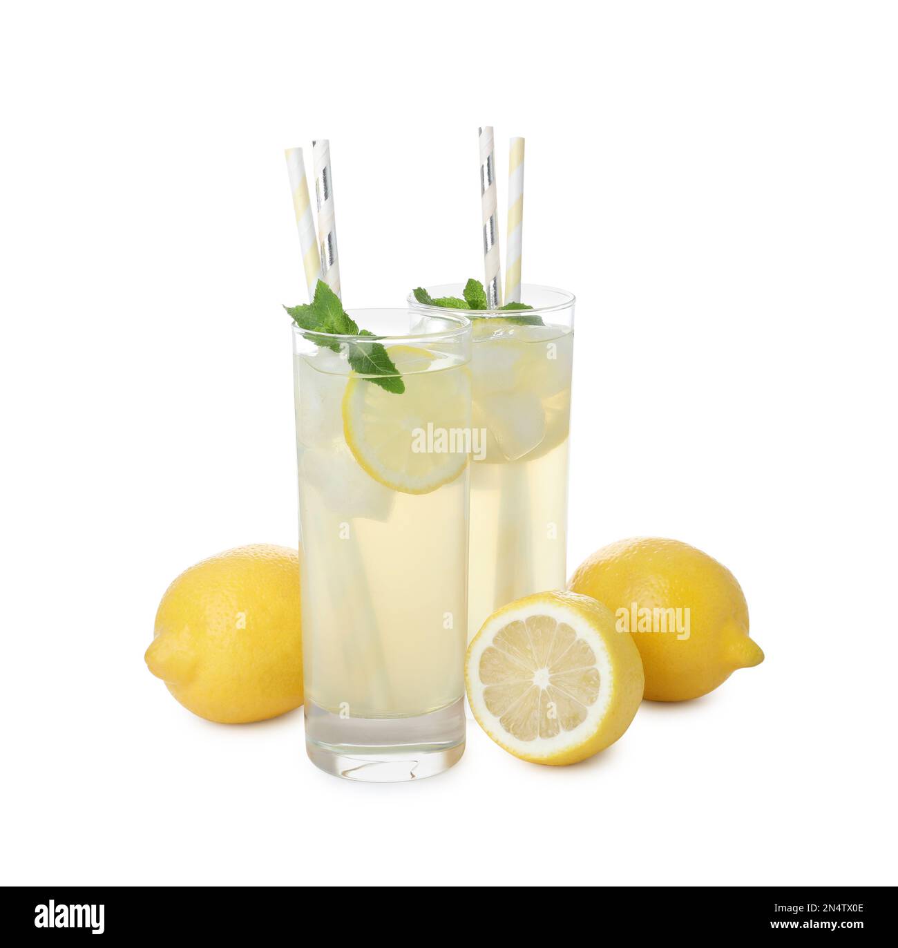 Natural lemonade with mint and fresh fruits on white background. Summer ...
