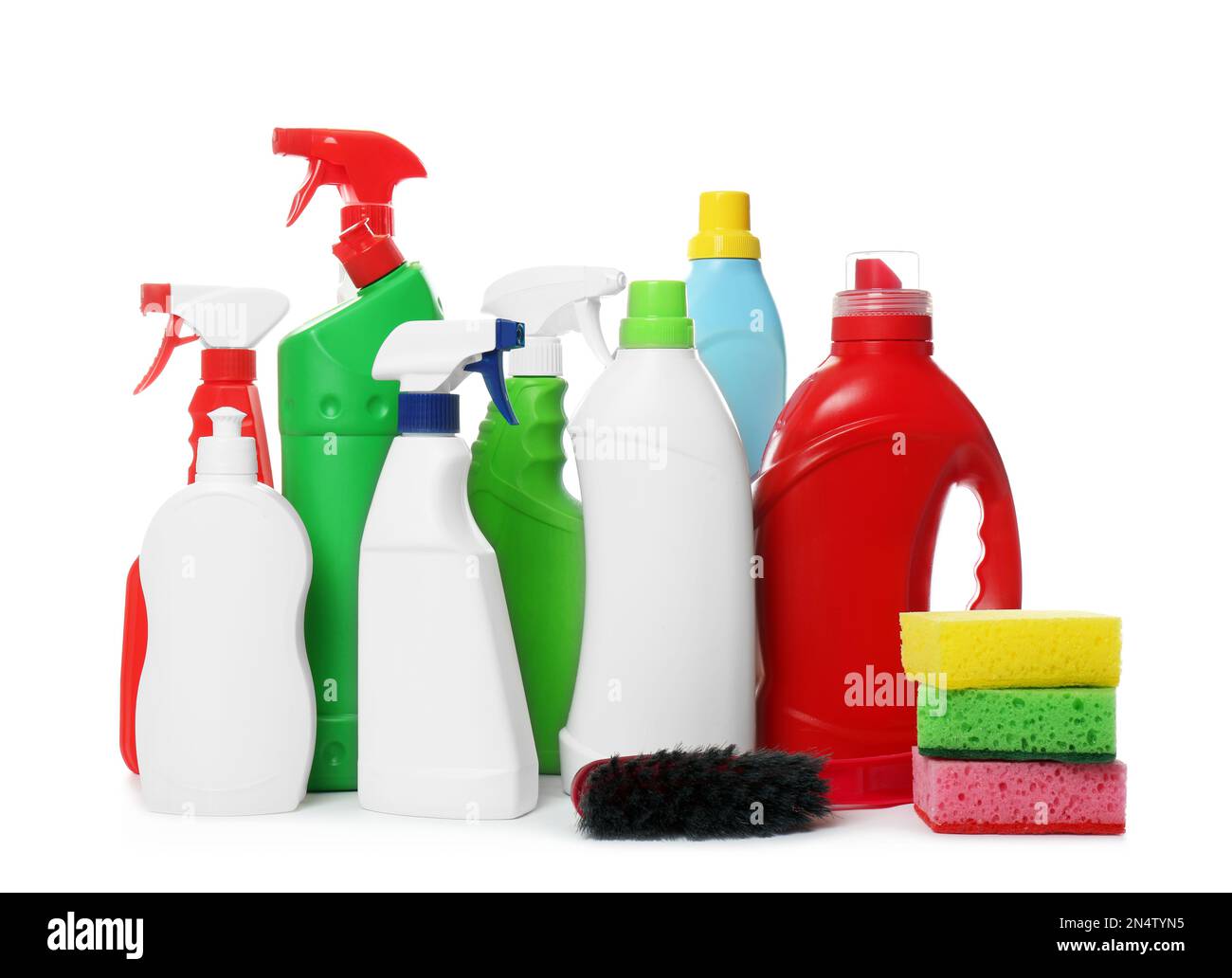 Different cleaning products and tools on white background Stock Photo ...