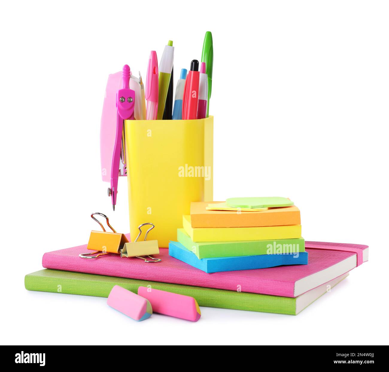 Set of colorful school stationery on white background Stock Photo - Alamy