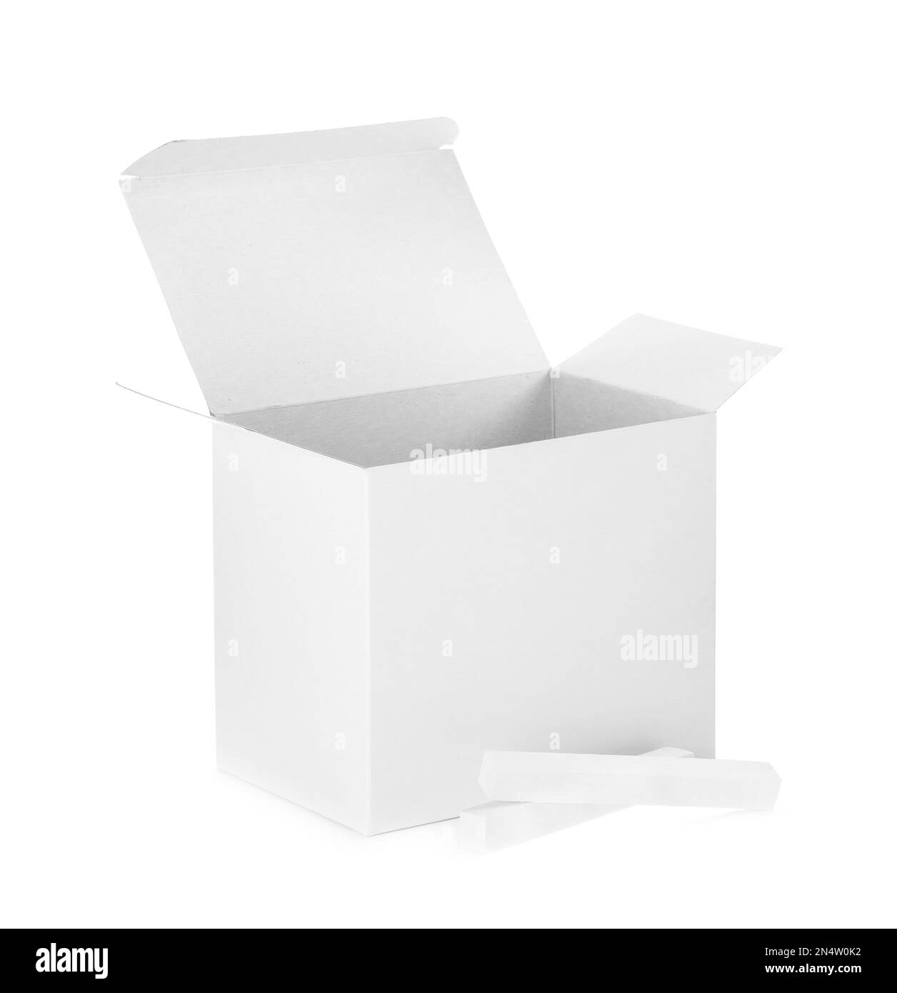 Open box and pieces of chalk on white background Stock Photo - Alamy