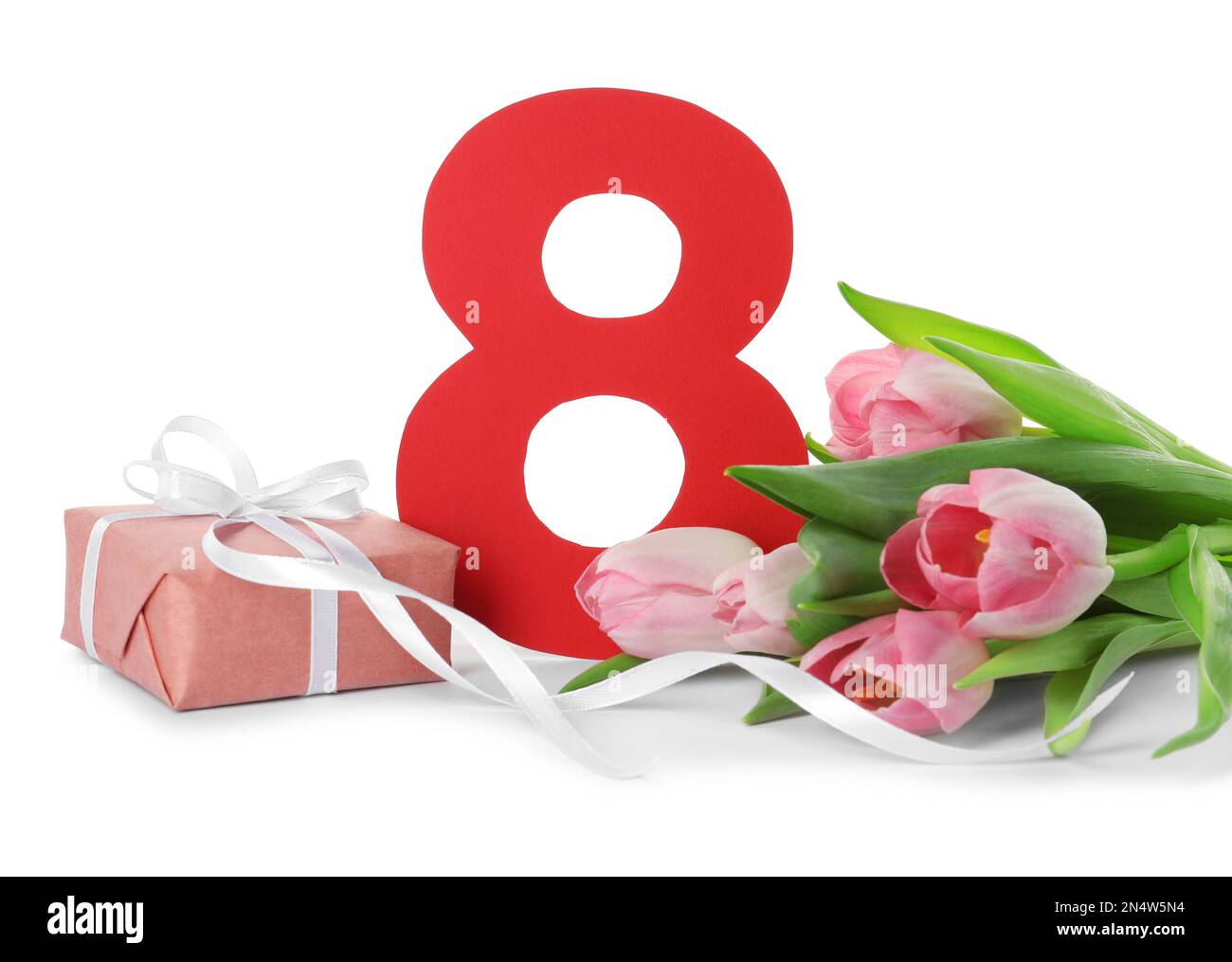 8 March card design with tulips and gift on white background ...