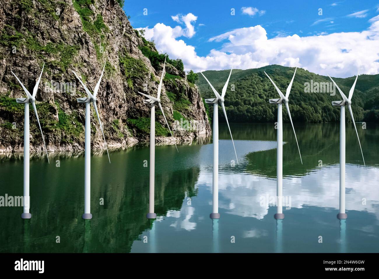 Floating wind turbines installed in water near mountains. Alternative ...