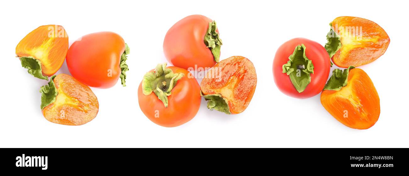 Set of delicious fresh ripe persimmons on white background, top view ...