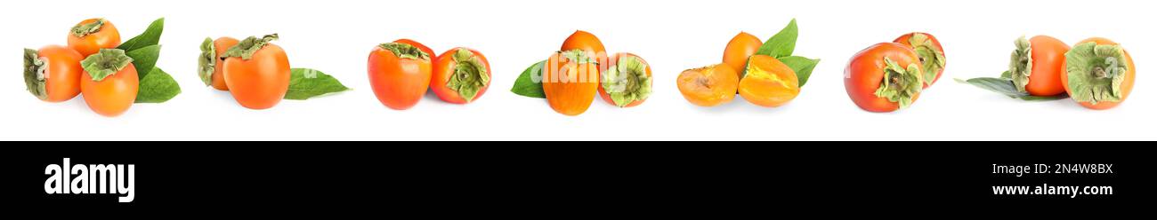 Set of delicious fresh ripe persimmons on white background. Banner ...