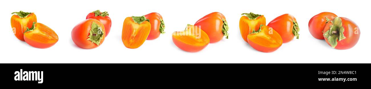Set of delicious fresh ripe persimmons on white background. Banner ...
