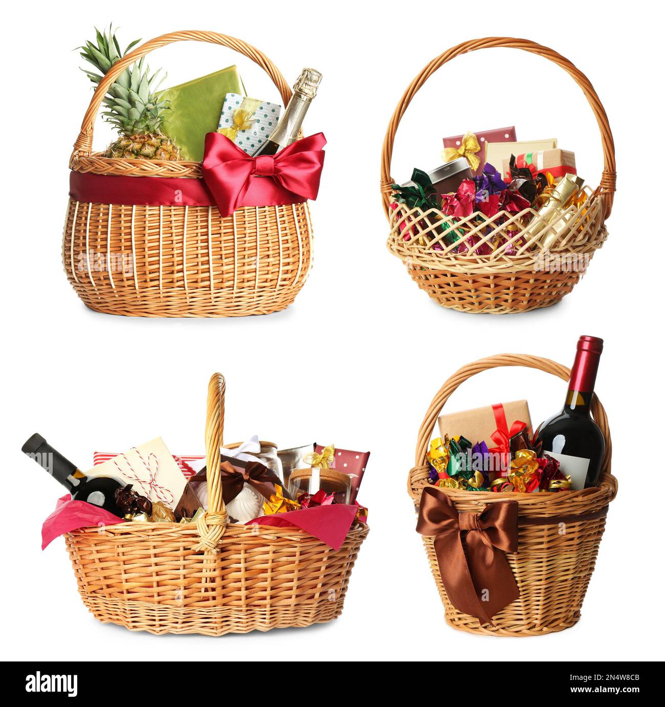 Set with wicker baskets full of different gifts on white background ...