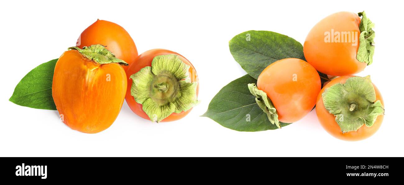 Set of delicious fresh ripe persimmons on white background. Banner ...