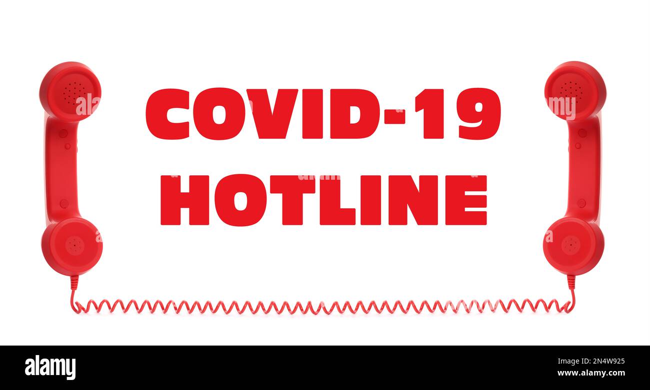 Covid-19 Hotline. Red handsets and text on white background, banner ...
